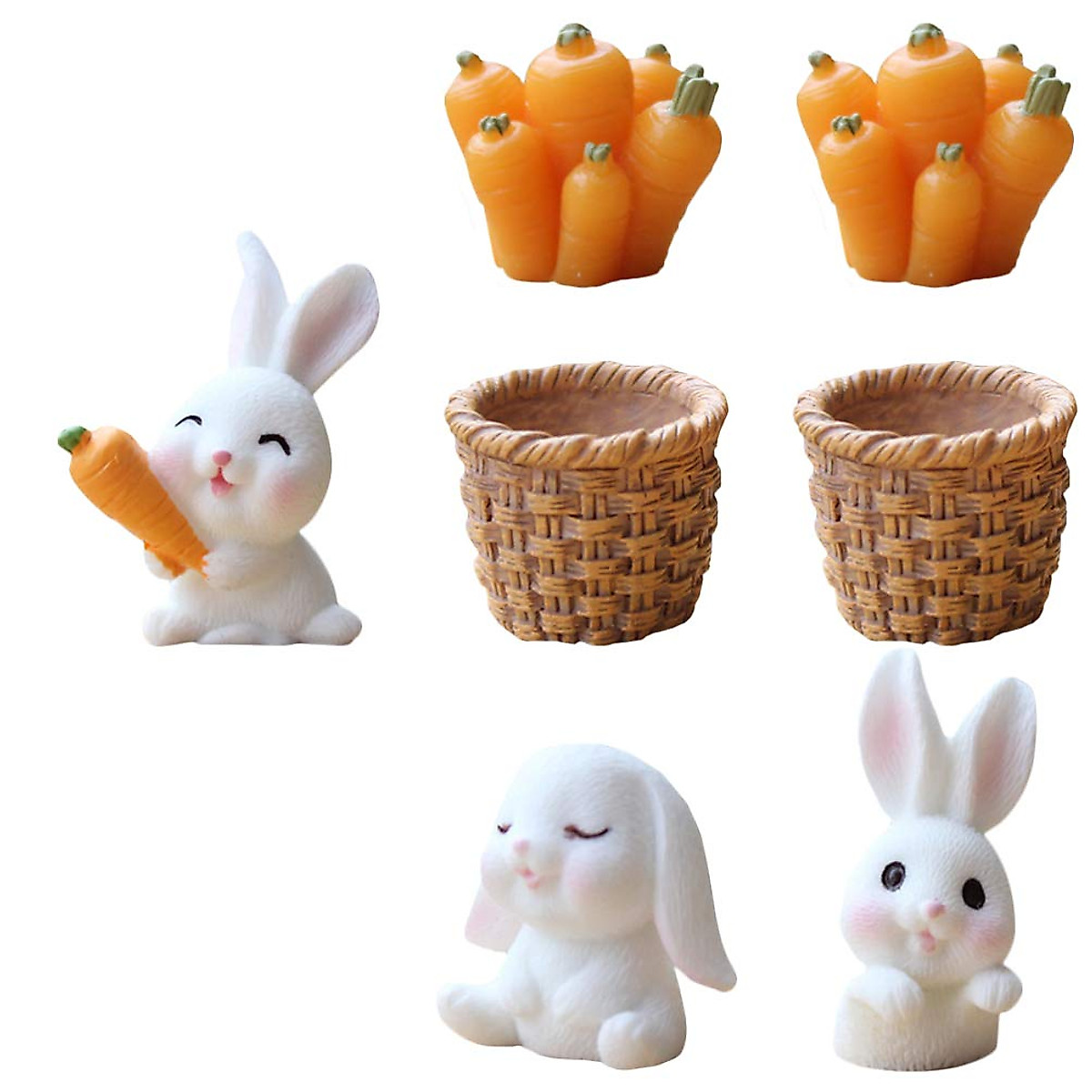 PRETYZOOM Easter Decoration Kit Bunny Miniature Straw Basket Carraot Figures Rabbit Bunny Fairy Garden Decor Dollhouse Ornament Micro Landscape Decor Cake Topper 7pcs