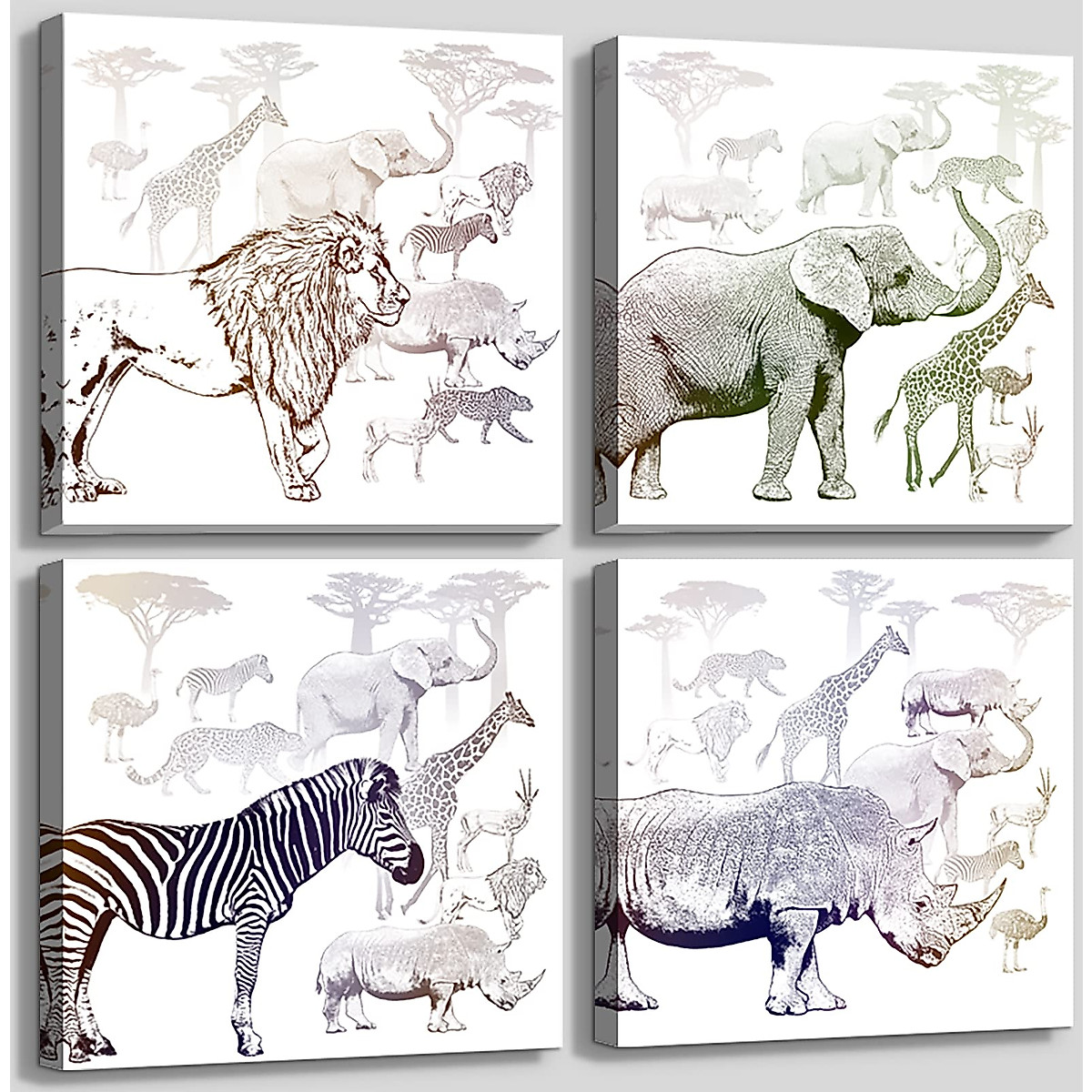 Animal Canvas Wall Art Safari Zoo Elephant Lion Zebra and Rhino Nursery Decor Printed Artwork Framed for Children's Room Bedroom Farmhouse Animal Wall Decoration Ready to Hang (12"x12"x4pcs)