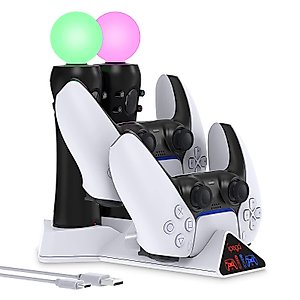 Charger Station for PS Move Motion and for PS5 Controller, 4 in 1 Charger Dock Stand USB Fast Charging Station with LED Indicator for PS Move Controller and for DualSense Controller