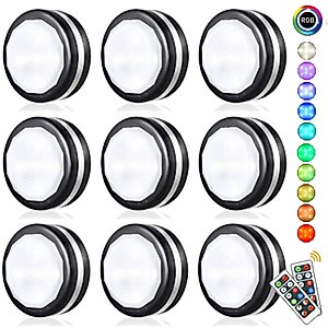 Bjour LED Puck Lights Color Changing Under Counter Lighting Battery Powered Stick On Lights Kitchen Cabinet Lights with Remote Control Black Under Cabinet Light RGB Closets Lights, 9 Pack