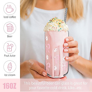 Coquette Bow Aesthetic Cup with Clear Gift Bag, Glass Cups with Lids and Straws, 16 oz Iced Coffee Smoothie, Beer Glass Cup Tumbler Trendy Glass Cup for Girls Bestfriend Sister Girlfriend (Pink Bow)