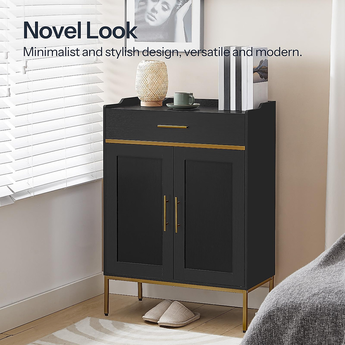 HOOBRO Shoe Storage Cabinet, Narrow Shoe Cabinet, Shoe Cabinet Storage for Entryway, Freestanding Shoe Organizer Cabinet, Shoe Rack Cabinet with Adjustable Shelves, Gold and Black DB14SC01