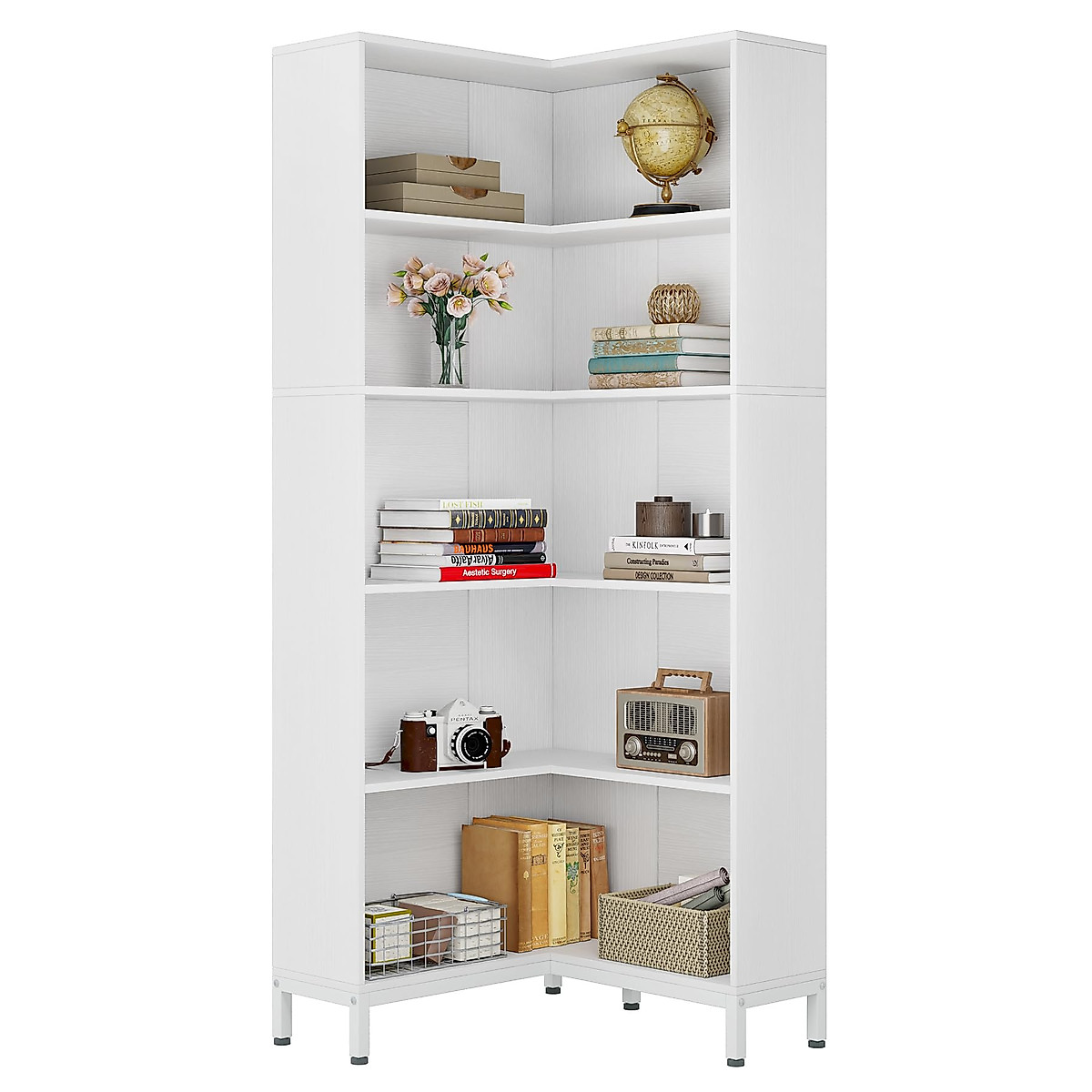 LITTLE TREE 70.8-in Tall Bookcase, 6-Tier White L-Shaped Bookshelf, Modern Corner Bookcase Bookshelf, Freestanding Display Storage Rack with Back Panel for Living Room, Bedroom