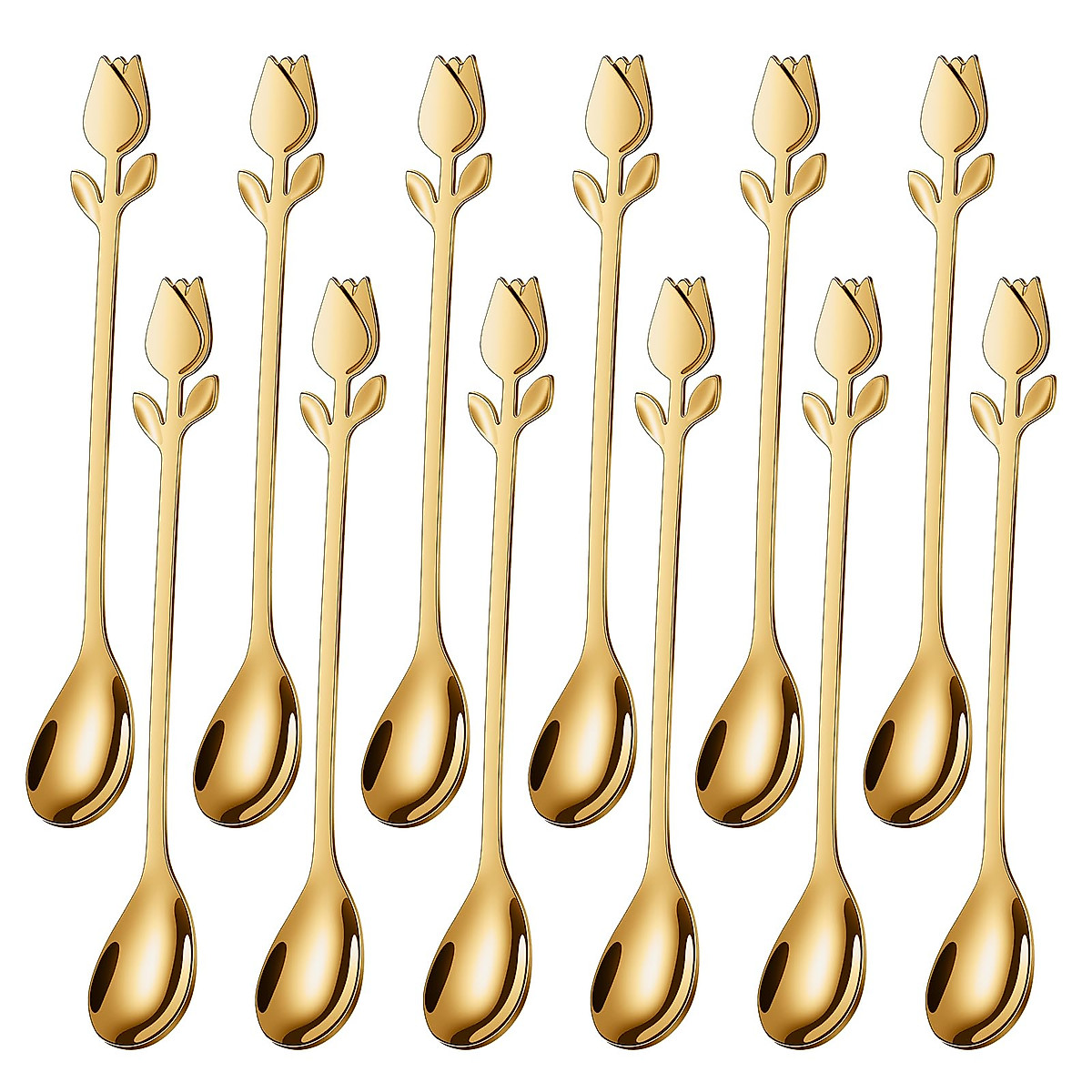 SGVRPVZ Gold Tulip/Rose Handle 12-Pcs Mini Coffee Spoons Set - 6" Stainless Steel for Espresso, Tea, Dessert - Ideal for Demitasse & Small Servings