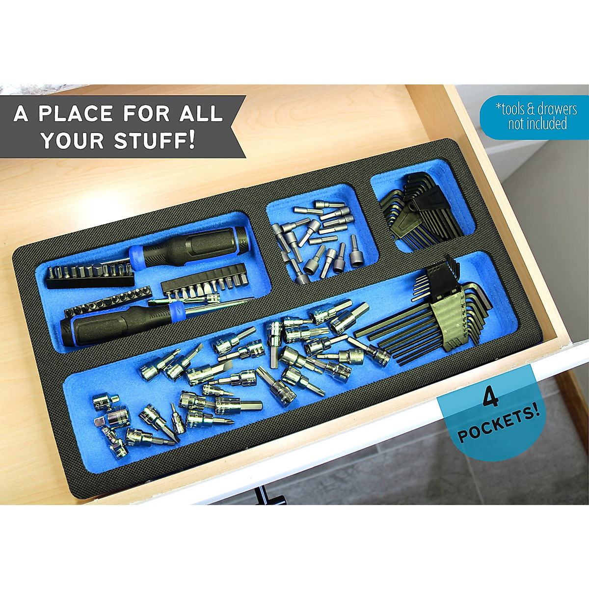 Polar Whale Tool Drawer Organizer Insert Blue and Black Durable Foam Strong Non-Slip Anti-Rattle Bin Holder Tray 20 x 10 Inches 4 Pockets Fits Craftsman Husky Kobalt Milwaukee and Many Others