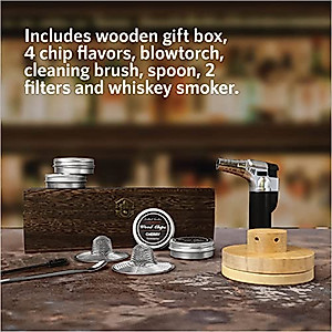 Cocktail Smoker Kit for Whiskey Old Fashion and Bourbon | with Torch 4 Flavors of Wood Chips Food Grade Torch Wooden Case