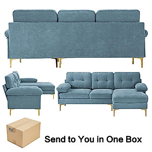 TEKAMON 82.7" Blue Convertible Sectional Sofa, Chenille Fabric L-shaped Couch, Small 3 seats Reversible Sleeper Sofa with Machine Washable Covers for Living room,Apartment and Small Space, Gloden legs