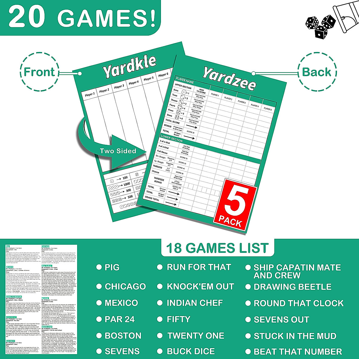 Giant Wooden Set of 6 Yard Dice with Yardkle and Yardzee Scoreboard-Yard Outdoor Games for Adults and Family Giant Lawn Games-Choose Your Set