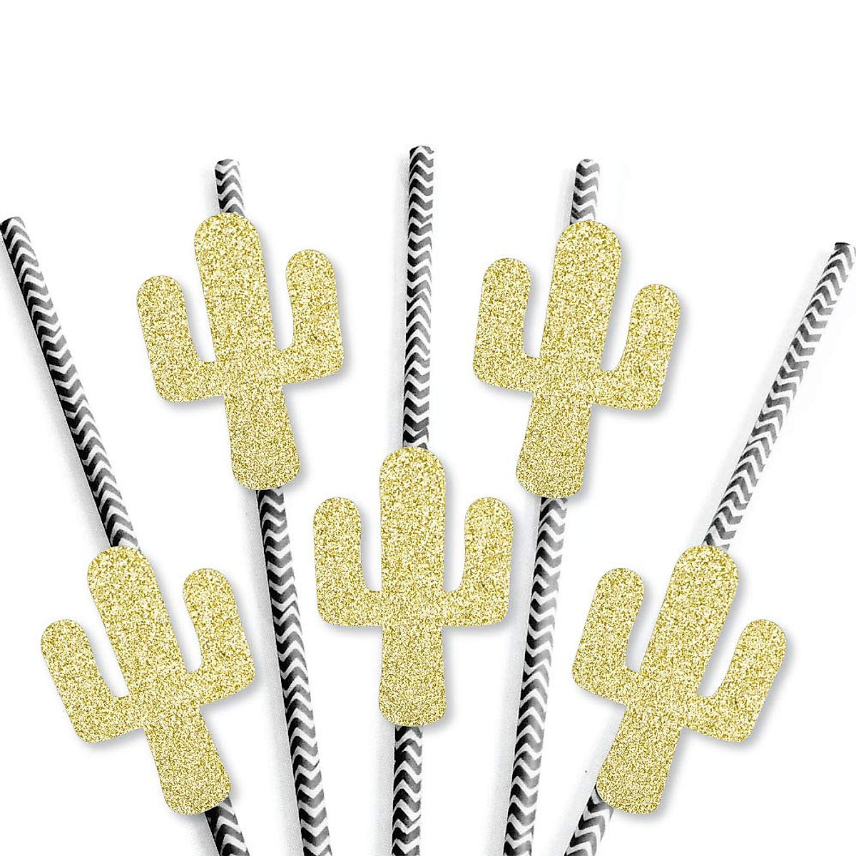Big Dot of Happiness Gold Glitter Cactus Party Straws - No-Mess Real Gold Glitter Cut-Outs and Decorative Christmas Cactus Party Paper Straws - Set of 24