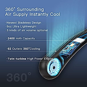 Neck fans portable rechargeable 2400mAh cufun portable neck fan 360° Surround Wind ventilador de cuello portatil 3 wind speeds bladeless rechargeable fan Gifts Outdoor Sports construction worker Black