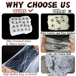 Xgunion Halloween Decorations 1200 Sqft Spider Webs Decorations Halloween Spider Web with 100 Extra Fake Spiders Super Stretchy Spider Webs for Halloween Decor Indoor and Outdoor Party Supplies