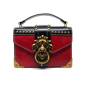 Women Vegan Faux Leather Regal Design Lion Head Handbag Crossbody Purse Bag (Red)