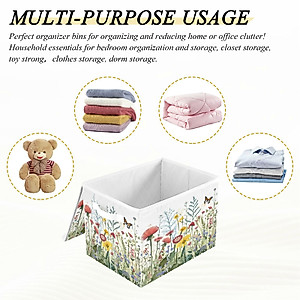 KEEPREAL Wildflowers Butterfly Storage Basket Bin with lid, Large Cube Storage Box Collapsible Storage Organizer for Home Office Closet - 16.5 L x 12.6 W x 11.8 H（51）