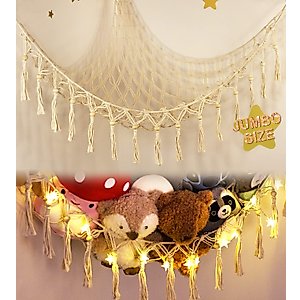 Stuffed Animal Toy Storage Hammock with LED Light-Macrame Jumbo Doll Room Corner Organizer Mesh Decoration-Hanging Storage Nets Kids Bedroom, (X-Large Size)