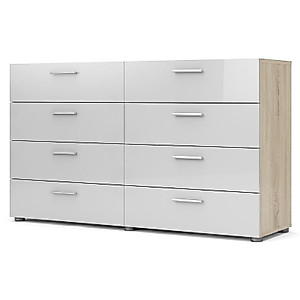 Levan Home 32" H x 55" W Contemporary Scandinavian Design Engineered Wood Double Bedroom Dresser with 8-Drawer and Silver Bar Handles, Suitable for Small Rooms, in Clean Oak/White High Gloss