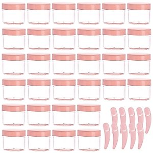 100 Pcs 20g Plastic Sample Cosmetic Containers with Lids and 10 Pcs Mini Makeup Spatula，Refillable Cosmetic Jars Lip Scrub Containers for Skincare - Pink