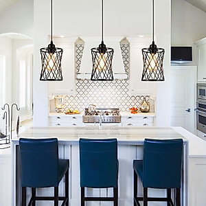 2-Pack Farmhouse Pendant Lights - Industrial Metal Cage Island Fixture for Kitchen, Dining Room, Bedroom, Bar, and Sink - Adjustable Hanging Ceiling Lamp in Black - Stylish and Functional Lighting