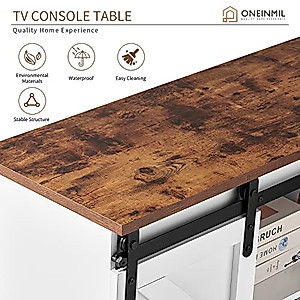 oneinmil Farmhouse TV Stand for 65 Inch TVs, Modern Rustic Entertainment Center with Sliding Barn Door and Storage Cabinets, Metal Media TV Console with Shelf for Living Room, 58 Inch,White