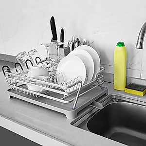 Linkidea Aluminum Dish Drying Rack, 16.9" x 12.6" Compact Rustproof Dish Rack and Drainboard Set, Dish Drainer Strainers with Adjustable Drainage and Removable Cutlery and Cup Holder Fit Kitchen