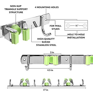 Broom Mop Hook Holder Wall Mount Installation-16inch,Organizer 304 Stainless Steel 3 Racks 4Hooksfor Home Bathroom Kitchen Garage Office Closet Garden Laundry Storage,Wall Mount Hooks 1pack Black