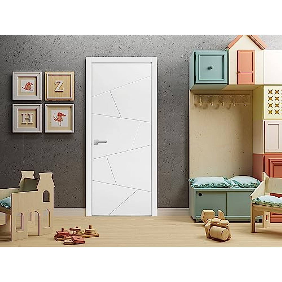Solid French Door 18 x 80 inches | Planum 0990 Painted White | Single Regular Panel Frame Trims Handle | Bathroom Bedroom Sturdy Doors