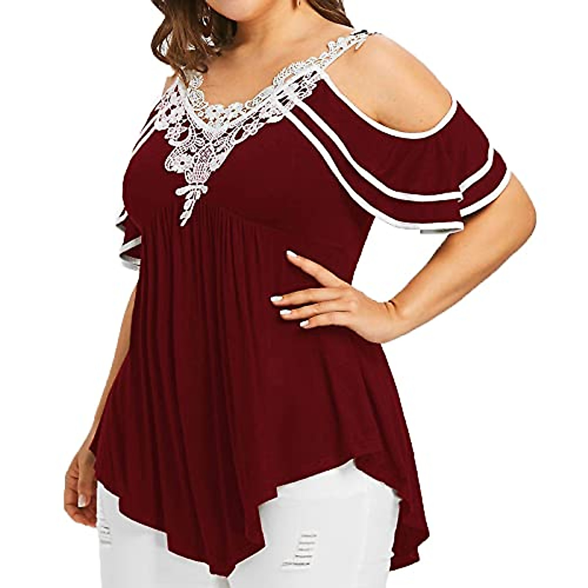 Women's Plus Size Tiered Lace Appliques Cold Shoulder V-Neck T-Shirt Tops Shirt(Red, XXXXXL)