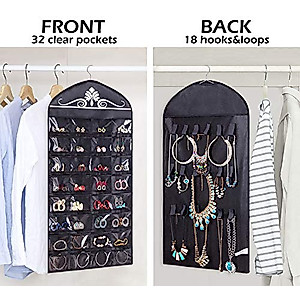 Misslo Jewelry Hanging Non-Woven Organizer Holder 32 Pockets 18 Hook and Loops - Black