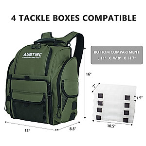 AUMTISC Fishing Tackle Backpack with 4 Tackle Boxes, Rod Holder, Protective Rain Cover, Waterproof Large Fishing Tackle Gear Bag for Fishing, Camping, Hiking (Black, Green, Camouflage)