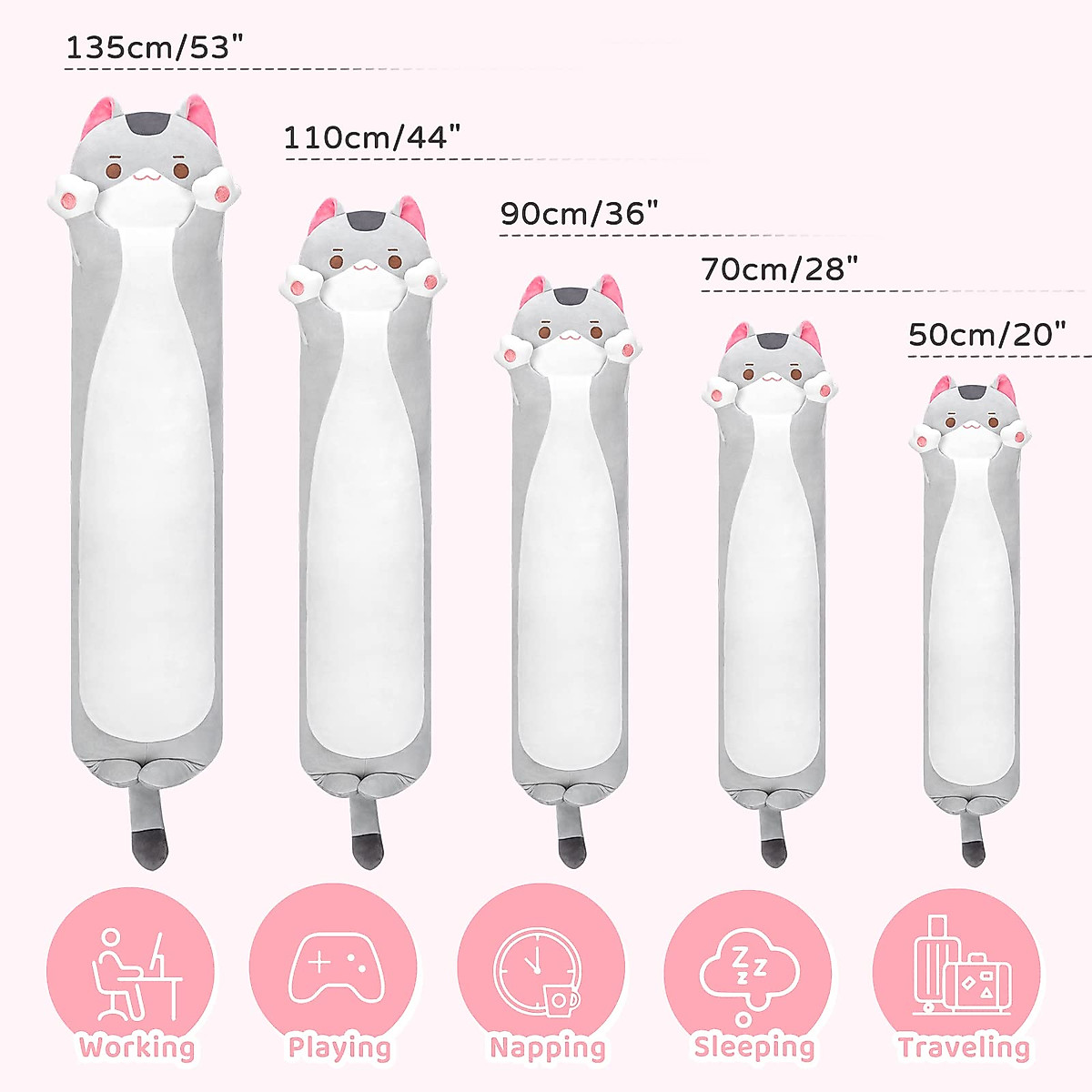Mewaii Long Cat Plush Kids Body Pillow, 28 Inch Cute Gray Cat Stuffed Animals Soft Plushies, Kitten Kawaii Plush Throw Pillow Doll Toy Gift for Girlfriend, Gray Cat Body Pillow, (27.6in/70cm)