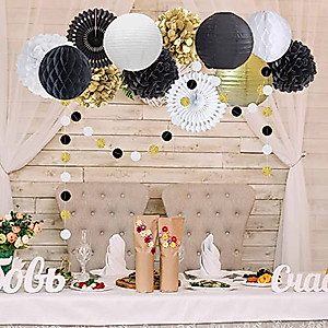 ANSOMO Black Gold and White Party Decorations Paper Fans Lanterns Pom Poms Hanging Wall Décor Bridal Baby Shower Birthday Graduation Wedding