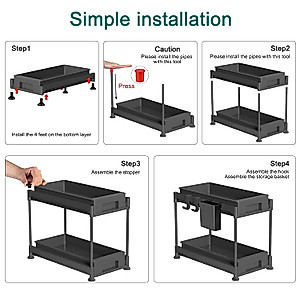 LBW 2 Packs Under Sink Organizer and Storage, 2 Tier Sliding Bathroom Cabinet Organizers Multi-Purpose Kitchen Organization and Storage，Drawer Pantry Organizer with Hooks,Black (Pack of 2)
