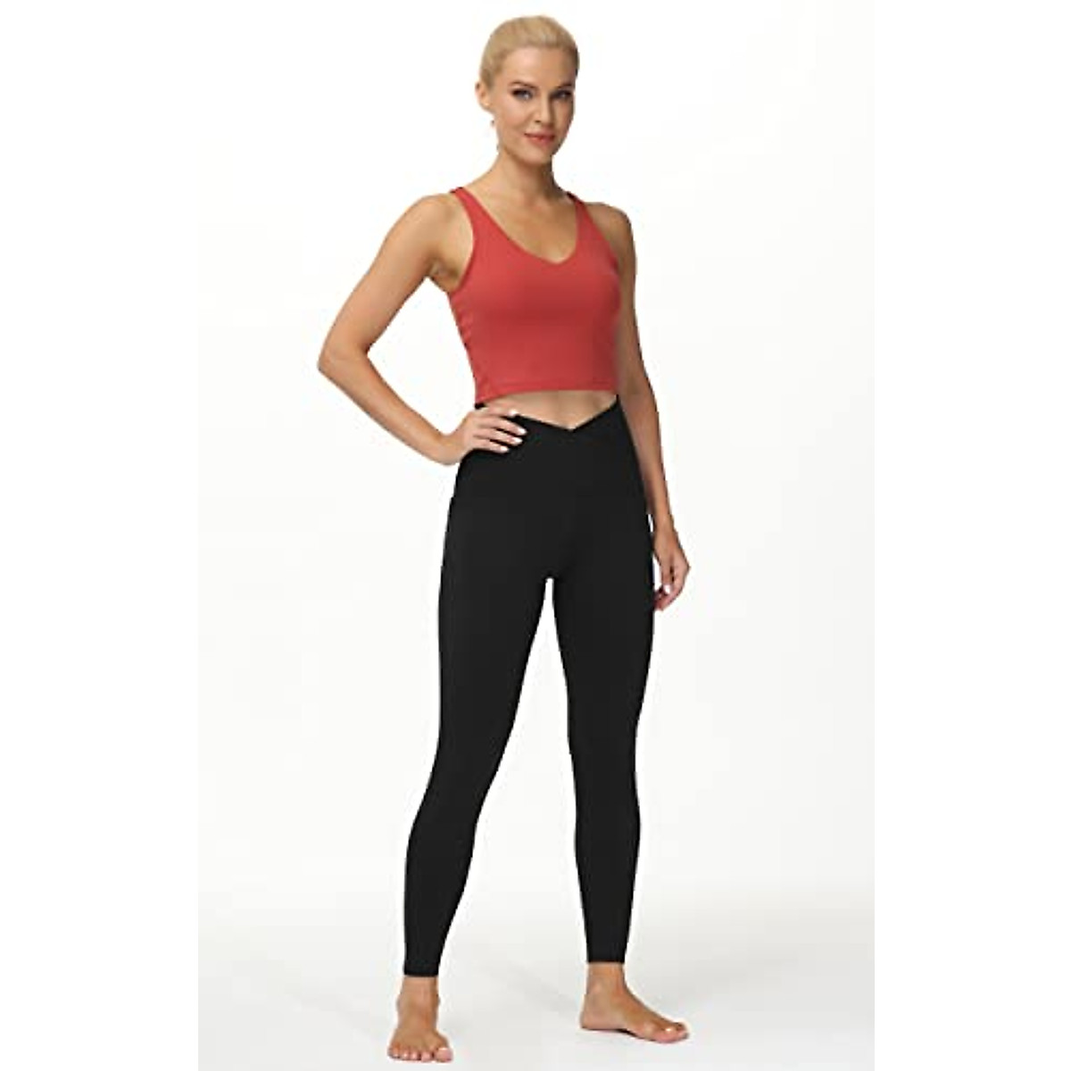 THE GYM PEOPLE Women's V Cross Waist Workout Leggings Tummy Control Running Yoga Pants with Pockets(Black, Medium)