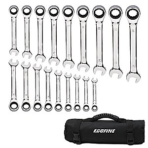 Egofine 18pc Metric Wrench Set, 6 mm - 24 mm Chrome Vanadium Steel Ratcheting Wrench Set with a Roll Up Storage Bag