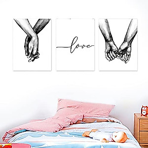 Love and Hand in Hand Wall Art Canvas Print Poster,Simple Fashion Black and White Sketch Art Line Drawing Decor for Home Living Room Bedroom Office,Stretched and Framed Ready to Hang(Set of 3 Framed, 12x16 inches)