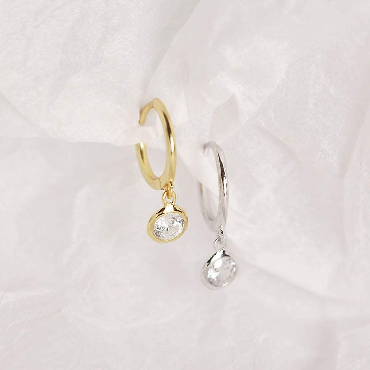 CZ Bezel Dangle Hoop Earrings for Women Girls 925 Sterling Silver Charms Minimalist Tiny Round Cubic Zirconia Drop Dangling Cartilage Helix Tragus Diamond Solicate Hypoallergenic Jewelry (Silver)