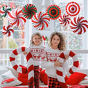 Outus Christmas Hanging Decorations Candy Paper Fans Peppermint Hanging Paper Fans Candy Cane Ceiling Wall Decor for Christmas Party Classroom Birthday Party(9 Pcs,Sweet)