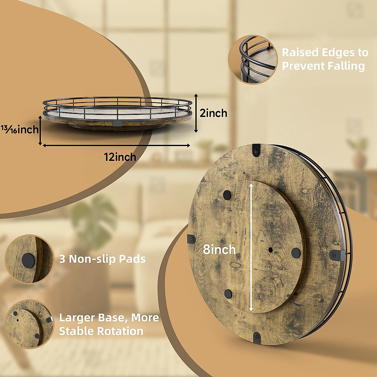 HGF Farmhouse 12" Lazy Susan Turntable Organizer for Table Top, Round Wooden Lazy Susan for Cabinet Kitchen Decor Centerpieces Coffee Table, Storage Condiments Spices, Bathroom Vanity Tray for Soap