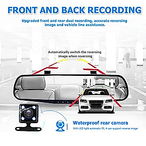 Mirror Dash Cam for Car, 4.3" Backup Smart Rearview Mirror Camera, Waterproof HD 1080P Front and Rear Wide Angle, Support Dual Cameras, Night Vision, Parking Assistance & Loop Record