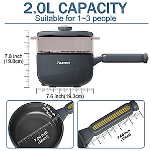 TOPWIT Hot Pot Electric with Steamer, 2L Multifunctional Electric Pot, Non-Stick Fring Pan, Portable Pot for Steak, Fried Rice, Ramen, Soup with Dual Power Control (Silicone Spatula Included), Grey