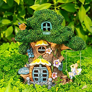 Ovewios Fairy House Garden Outdoor Decor, Large Garden Gnome House and Fairy Figurines with Solar Lights Waterproof Resin Ornaments Decorations for Patio Yard Lawn Gift