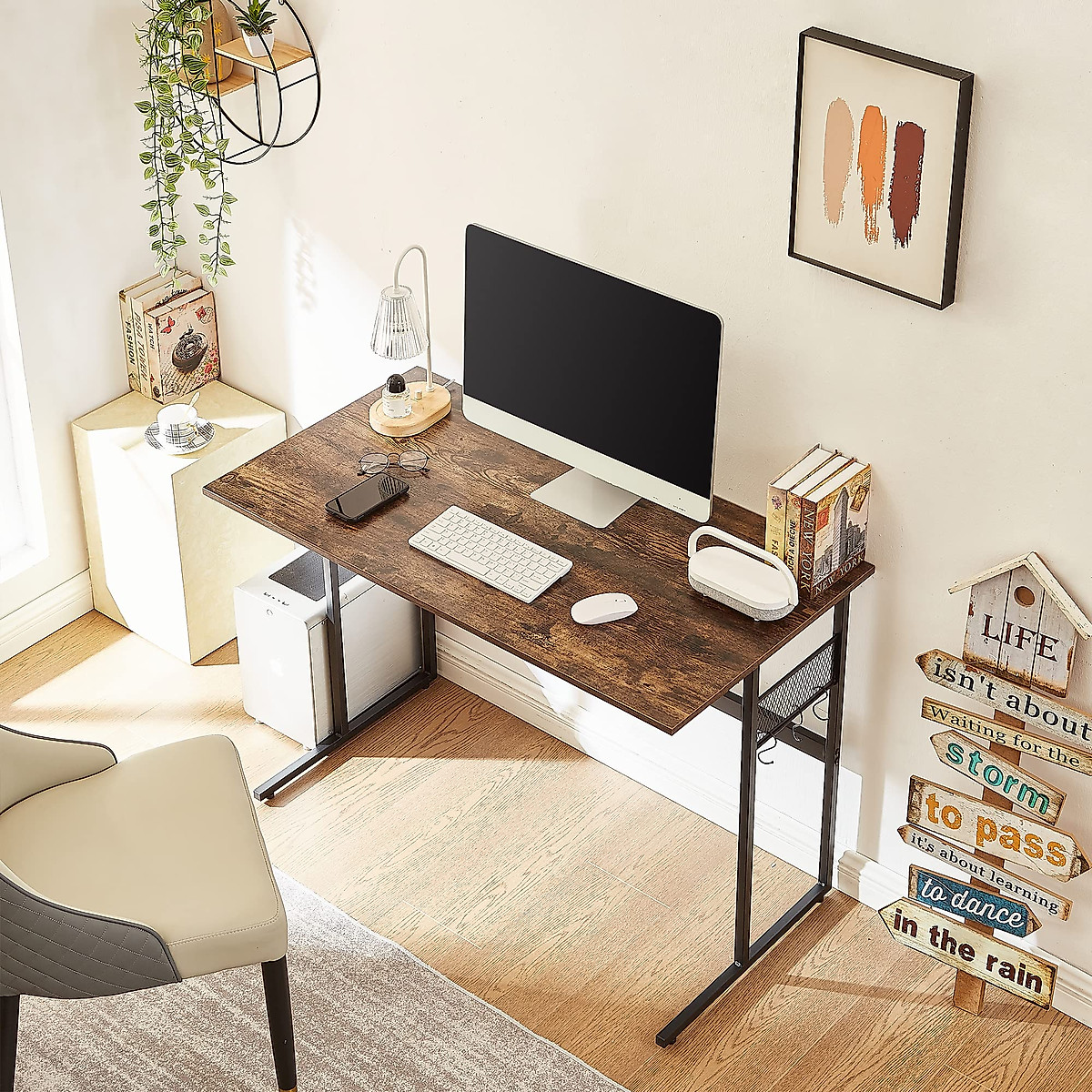 VECELO 32 Inch Small Computer Sturdy Laptop Industrial Desk Office Work, Modern Simple Study Table with Headphone Hook, Adjustable Feet and Water Proof Surface, 44", Brown