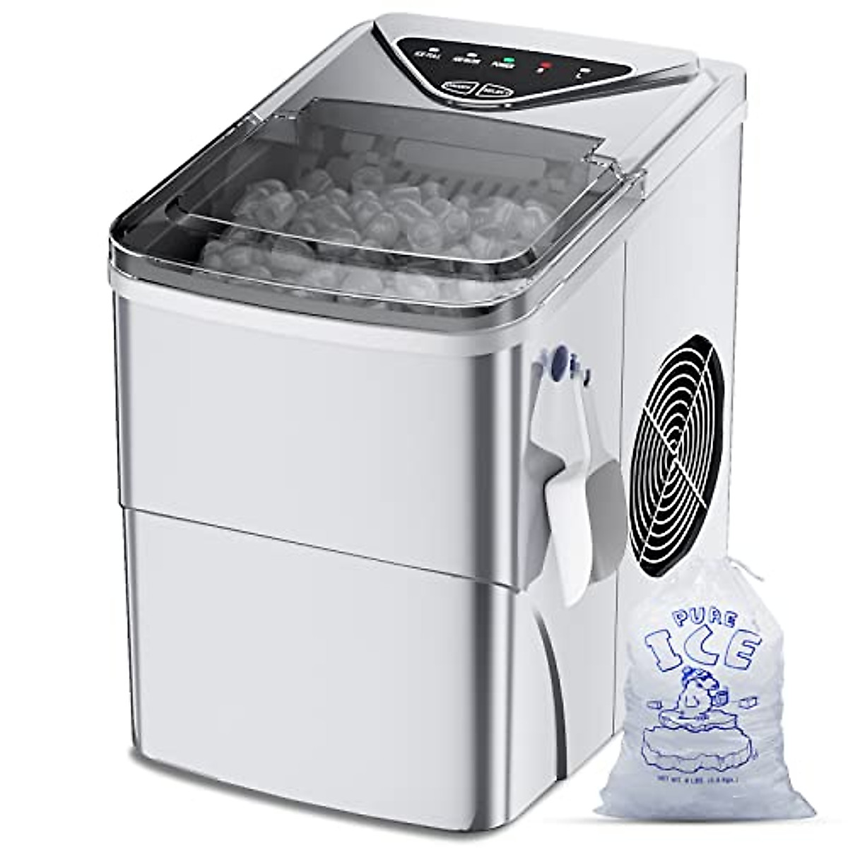 Ice Makers Countertop, Self-Cleaning Function, Portable Electric Ice Cube Maker Machine, 9 Ice Cubes Ready in 6 Mins, 26lbs 24Hrs with Ice Bags and Ice Scoop Basket for Home Kitchen Office Bar(Silver)