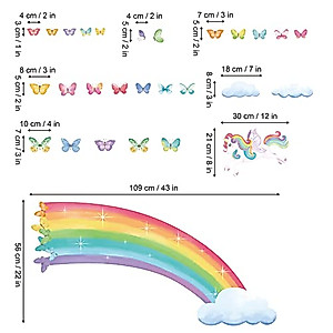 decalmile Rainbow Wall Decals Unicorn Rainbow Butterflies Clouds Wall Stickers Baby Nursery Girls Bedroom Living Room Wall Decor