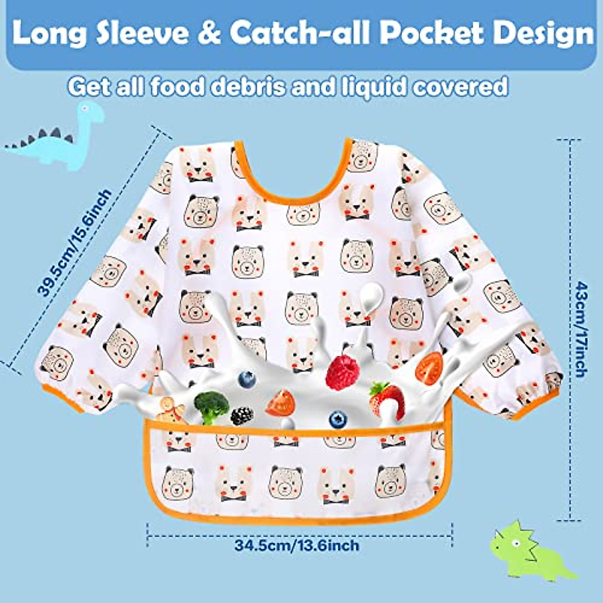 Lictin Long Sleeve Baby Bibs for Boy or Girl,Fully Waterproof Toddler Bibs,2-5 years Neutral Baby Smock for Eating,Reusable Infant Wearable Bibs for Feeding Teething or Weaning,Easy to Clean,5 Pcs