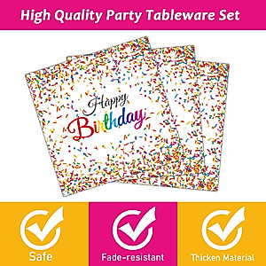 96 Pieces Happy Birthday Plates and Napkins Party Supplies for Confetti Sprinkles Theme Table Decorations Pastel Birthday Party Tableware Donut Paper Plates Napkins Forks Favors for 24 Guests.