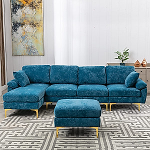 Pvillez Sectional Sofa with Chaise Lounge and Ottoman,Large Convertible Couches Set for Living Room,Plush Fabric L-Shape Couch with Golden Legs