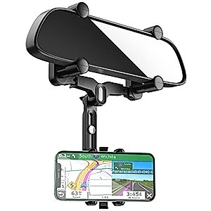 Phone Mount for Car, Large Rear Mirrors Friendly, Rear View Mirror Phone Holder, Upgraded 4 Clip More Stable, 360° Rotatable and Retractable Car Phone Holder Fit All Mobiles & Fits Bigger Vehicle.