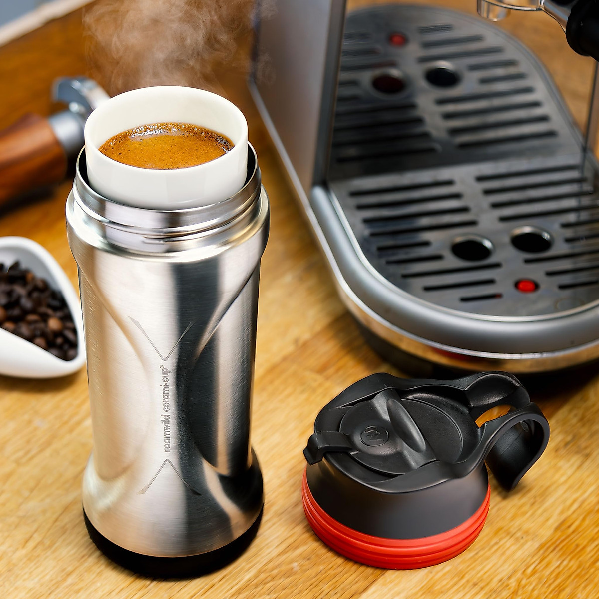 Roamwild Cerami Cup 12oz / 354ml – With Unique Ceramic Fresh Tasting Inner Tumbler - Quadruple Thermal Insulation Technology Stainless Steel Travel Mug, BPA-Free, Dishwasher Safe (Stainless & Red)