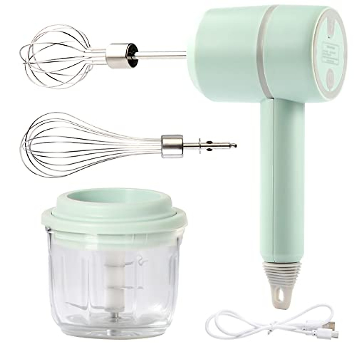 NAYAHOSE Hand Mixer Electric Garlic Chopper Egg Beater, Cordless Handheld Food Processor with 300ML Glass Container, 3 Speed Adjustable, USB Rechargeable Electric Whisk for Cooking Baking