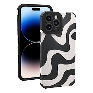 INJPCUCA Designed for iPhone 14 Pro Max Case Cute Wave Pattern Design Black Protective Case for Women Girls PU Leather Silicone Slim Shockproof Cover for iPhone 14 Pro Max 6.7", Beige White